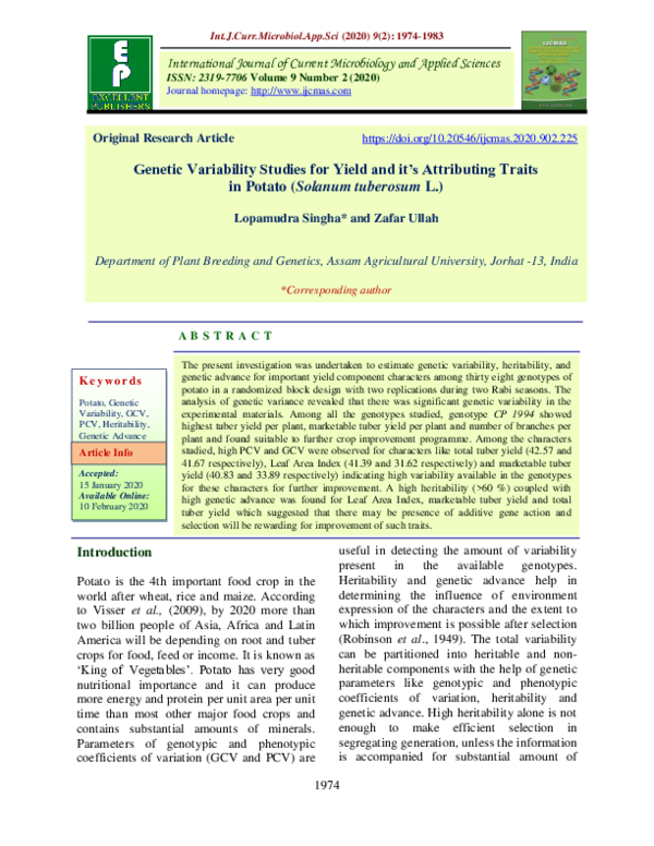 (PDF) Genetic Variability Studies for Yield and it’s Attributing Traits in Potato (Solanum ...