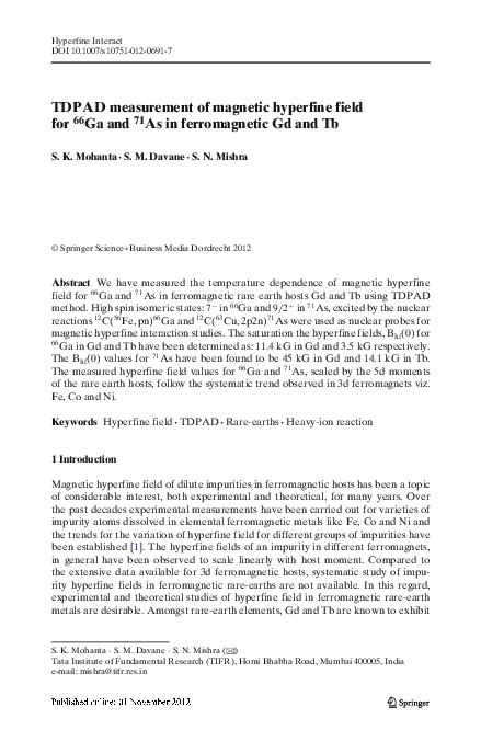 (PDF) TDPAD measurement of magnetic hyperfine field for 66Ga and 71As ...