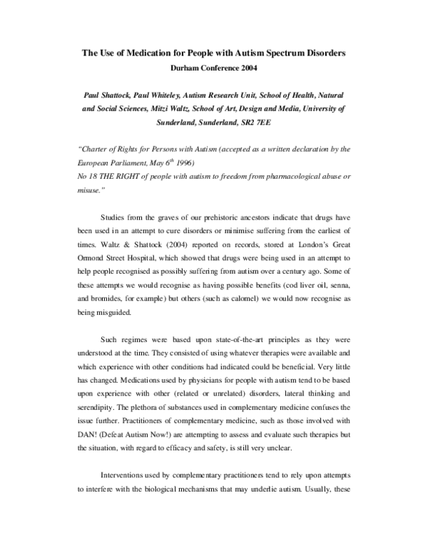 (PDF) The Use of Medication for People with Autism Spectrum Disorders