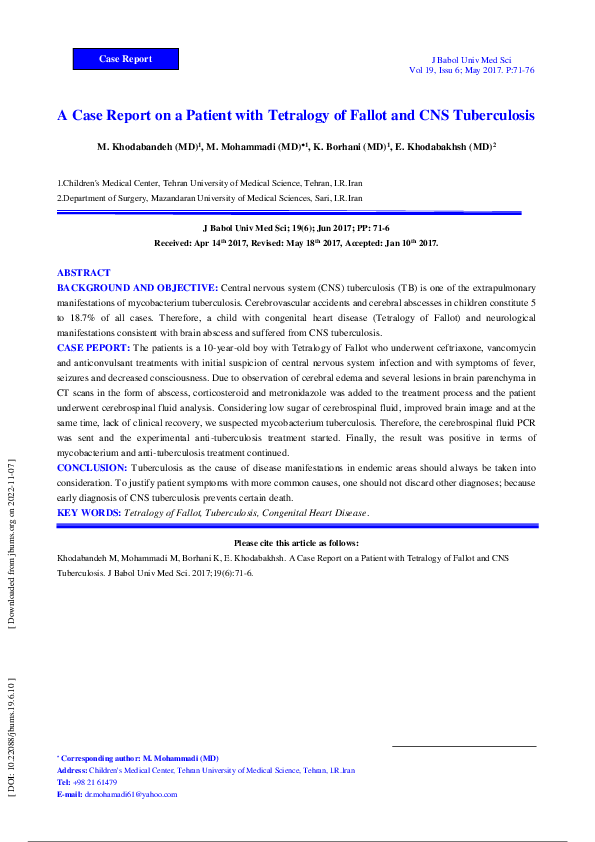(PDF) A Case Report on a Patient with Tetralogy of Fallot and CNS Tuberculosis | mubabol journal ...