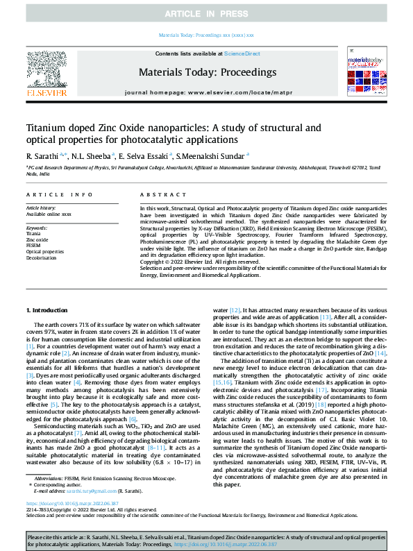 (PDF) Titanium doped Zinc Oxide nanoparticles: A study of structural ...