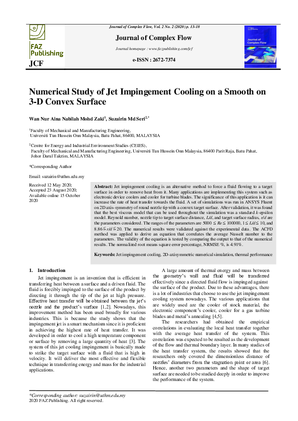 (PDF) Numerical Study of Jet Impingement Cooling on a Smooth on 3-D ...