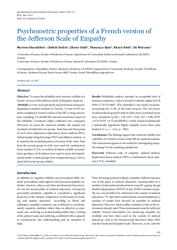 (PDF) Psychometric properties of a French version of the Jefferson Scale of Empathy