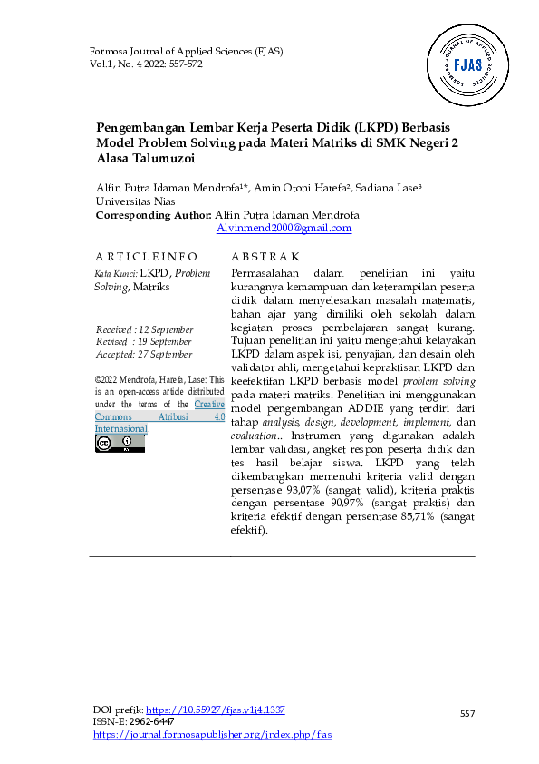 (PDF) Pengembangan Lembar Kerja Peserta Didik (LKPD) Berbasis Model Problem Solving pada Materi ...