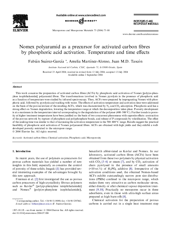 (PDF) Nomex polyaramid as a precursor for activated carbon fibres by ...