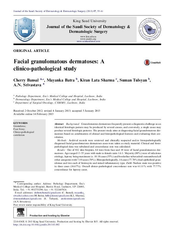 (PDF) Facial granulomatous dermatoses: A clinico-pathological study