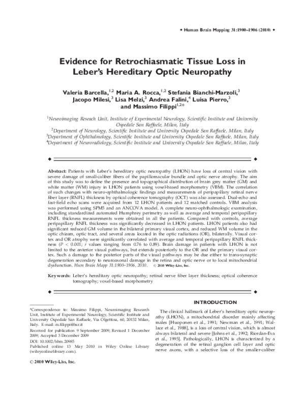 (PDF) Evidence for retrochiasmatic tissue loss in Leber's hereditary ...