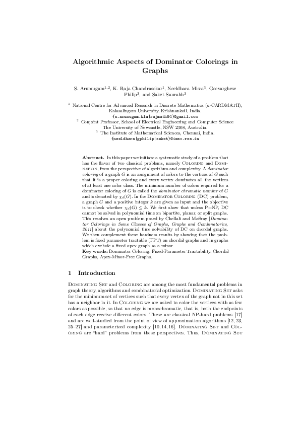 (PDF) Algorithmic Aspects of Dominator Colorings in Graphs