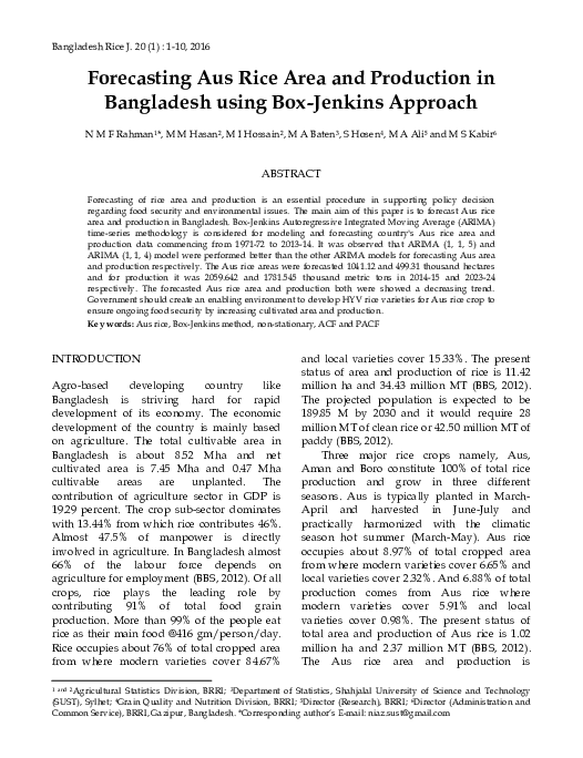 (PDF) Forecasting Aus Rice Area and Production in Bangladesh using Box-Jenkins Approach