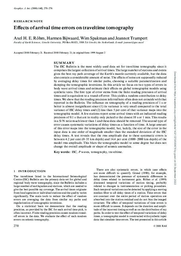 (PDF) Effects of arrival time errors on traveltime tomography | W ...