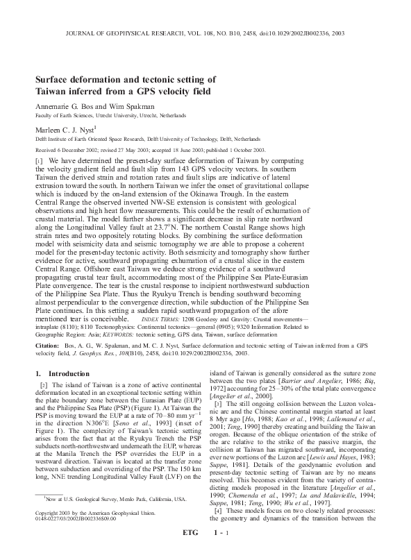 Pdf Surface Deformation And Tectonic Setting Of Taiwan Inferred From A Gps Velocity Field
