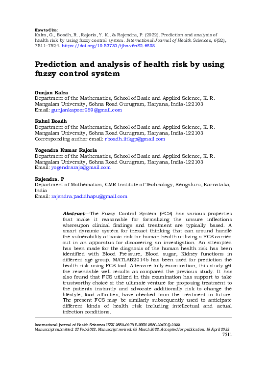 (PDF) Prediction and analysis of health risk by using fuzzy control system | RAHUL BOADH ...