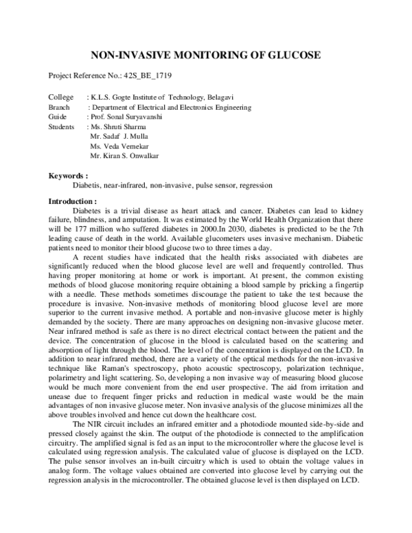 Pdf Non Invasive Monitoring Of Glucose