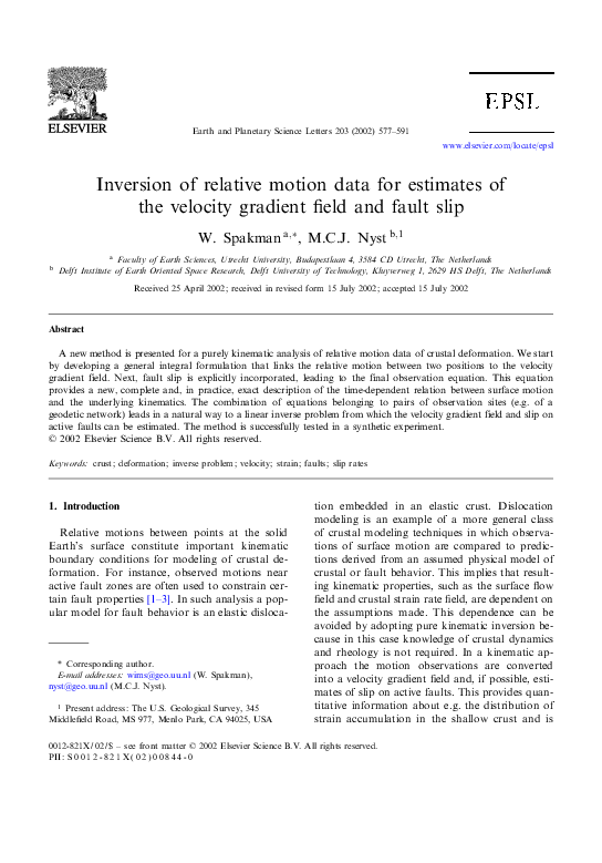 Pdf Inversion Of Relative Motion Data For Estimates Of The Velocity