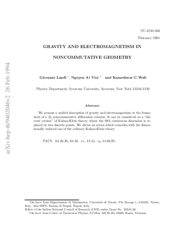 (PDF) Gravity and electromagnetism in noncommutative geometry