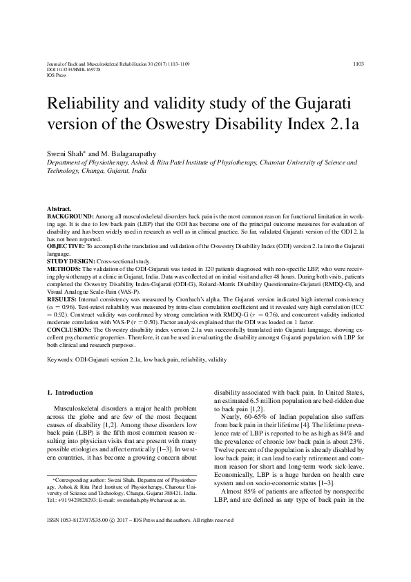 (PDF) Reliability and validity study of the Gujarati version of the ...