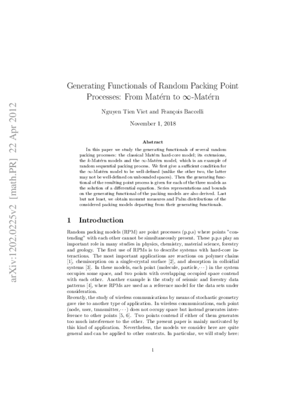 (PDF) Generating Functionals of Random Packing Point Processes: From ...