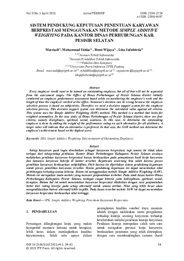 (PDF) Sistem Pendukung Keputusan Penentuan Karyawan Berprestasi Menggunakan Metode Simple ...
