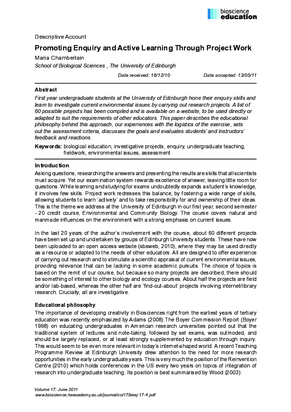 (PDF) Promoting Enquiry and Active Learning Through Project Work