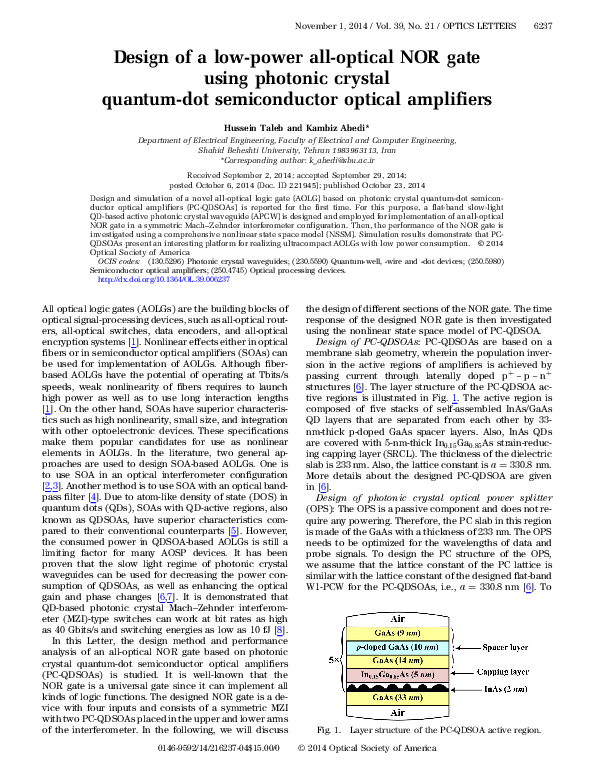 (PDF) Design of a low-power all-optical NOR gate using photonic crystal quantum-dot ...