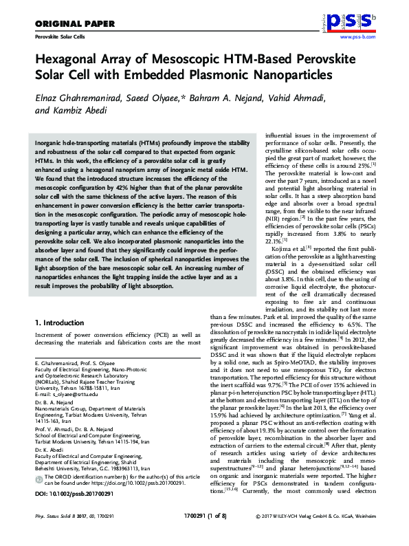 (PDF) Hexagonal Array of Mesoscopic HTM-Based Perovskite Solar Cell with Embedded Plasmonic ...