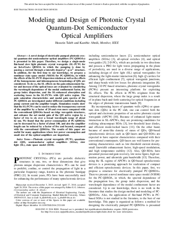 (PDF) Modeling and Design of Photonic Crystal Quantum-Dot Semiconductor Optical Amplifiers