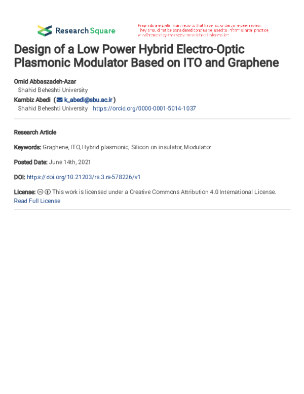 Pdf Design Of A Low Power Hybrid Electro Optic Plasmonic Modulator Based On Ito And Graphene