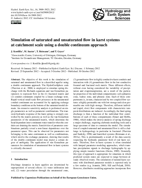 (PDF) Simulation of saturated and unsaturated flow in karst systems at catchment scale using a ...
