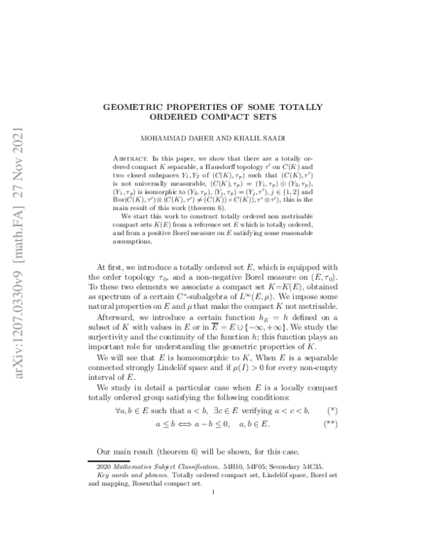 (PDF) Geometric properties of some totally ordered compact sets | mohammad daher - Academia.edu