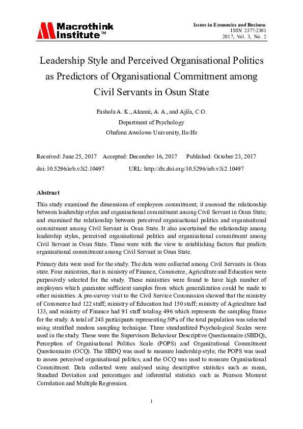 (PDF) Leadership Style and Perceived Organisational Politics as Predictors of Organisational ...