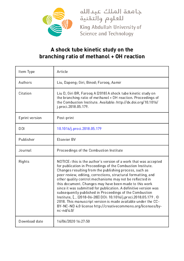 (PDF) A shock tube kinetic study on the branching ratio of methanol ...