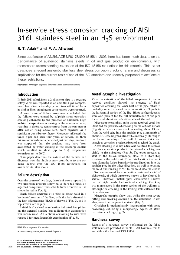 (PDF) In-service stress corrosion cracking of AISI 316L stainless steel in an H 2 S environment ...