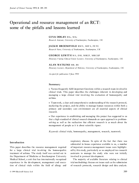 (PDF) Operational and resource management of an RCT: some of the pitfalls and lessons learned