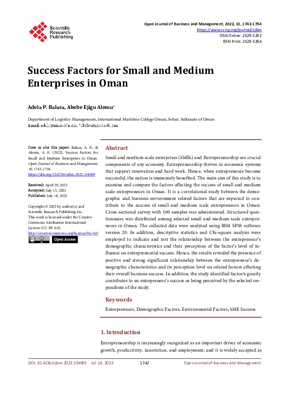(PDF) Success Factors for Small and Medium Enterprises in Oman