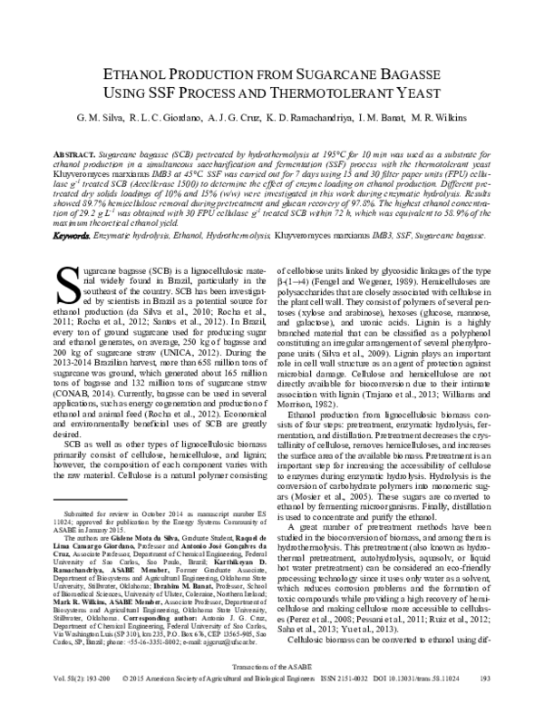 (PDF) Ethanol Production from Sugarcane Bagasse Using SSF Process and Thermotolerant Yeast