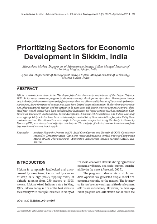 (PDF) Prioritizing Sectors for Economic Development in Sikkim, India