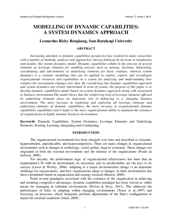 Pdf Modelling Of Dynamic Capabilities A System Dynamics Approach