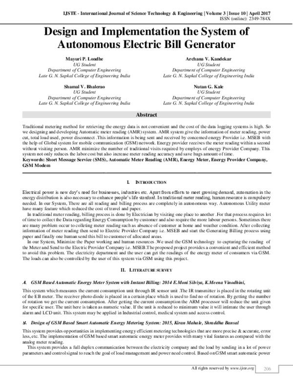(PDF) Design and Implementation the System of Autonomous Electric Bill Generator