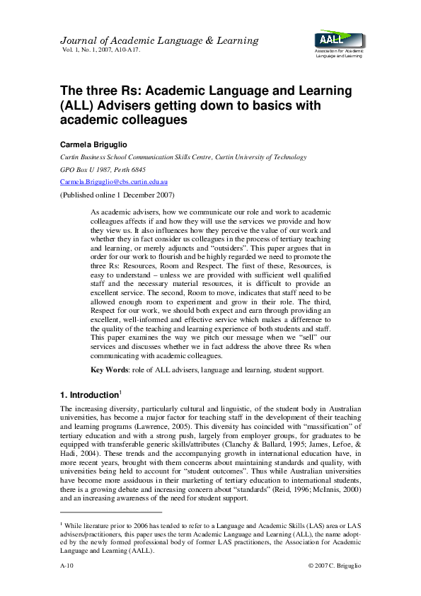 (PDF) Association for Academic Language and Learning The three Rs ...