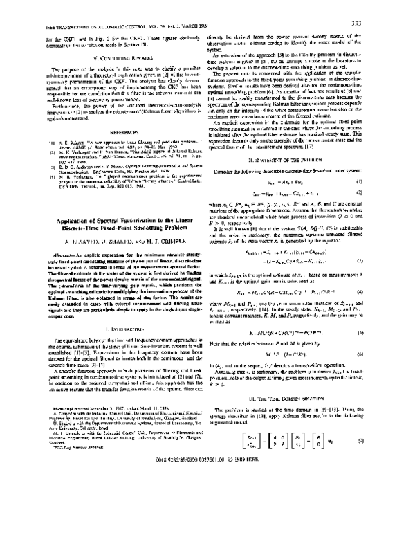 (PDF) Application of spectral factorization to the linear discrete-time fixed-point smoothing ...
