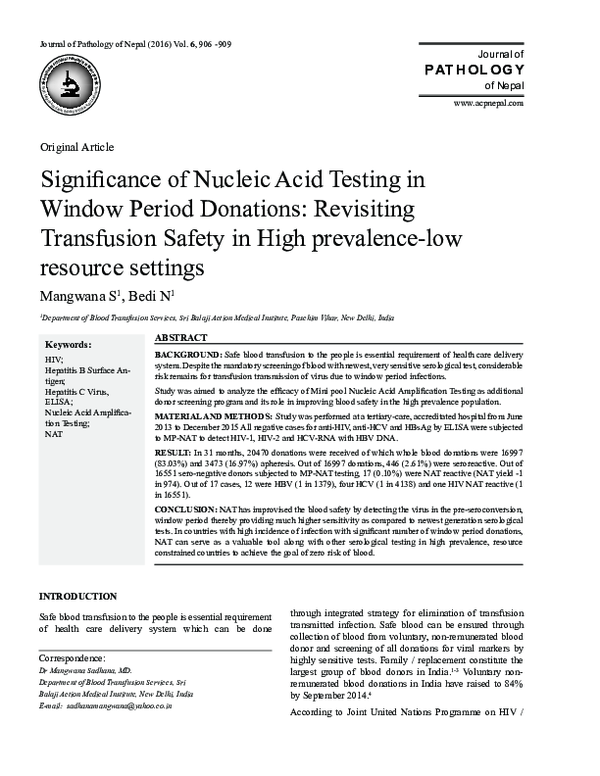 (PDF) Significance of nucleic acid testing in window period donations ...
