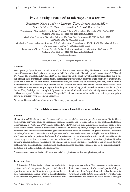 (PDF) Phytotoxicity associated to microcystins: a review