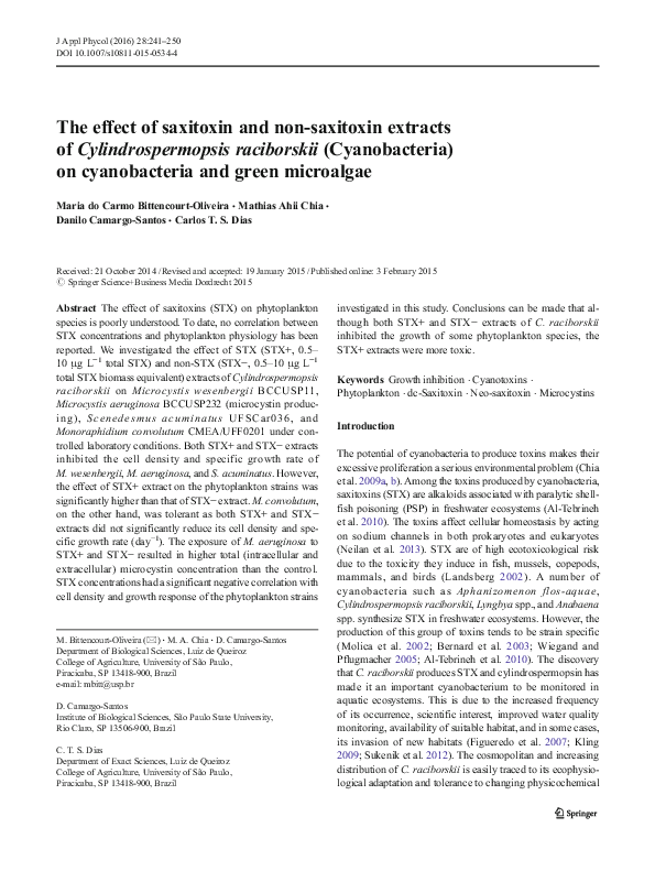 (PDF) The effect of saxitoxin and non-saxitoxin extracts of Cylindrospermopsis raciborskii ...