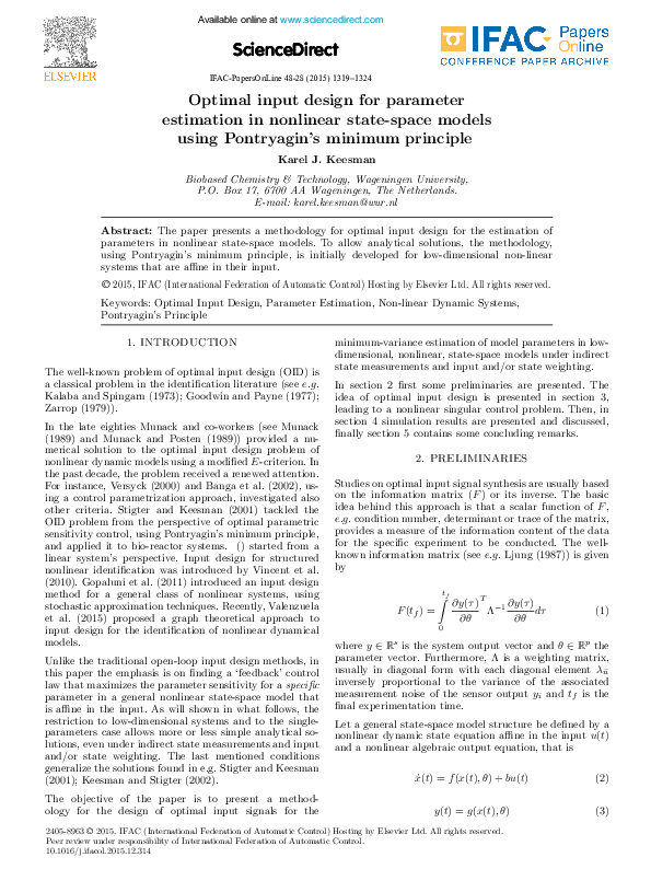 (PDF) Optimal input design for parameter estimation in a single and double tank system through ...