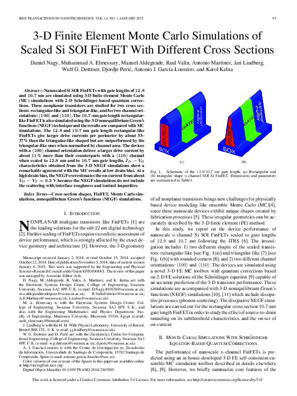 Pdf 3 D Finite Element Monte Carlo Simulations Of Scaled Si Soi Finfet With Different Cross