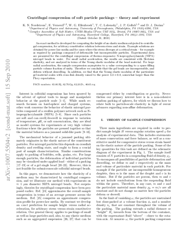 (PDF) Centrifugal compression of soft particle packings: Theory and experiment