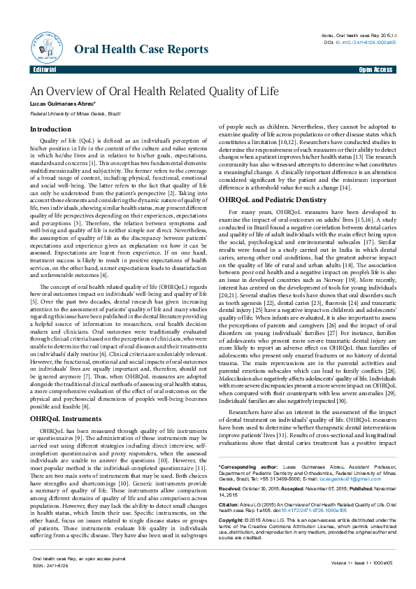 (PDF) An Overview of Oral Health Related Quality of Life