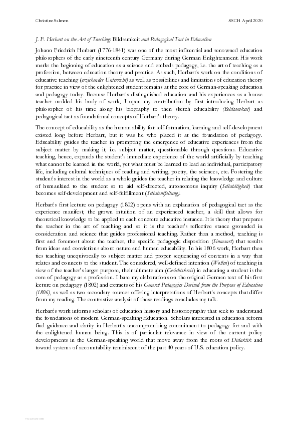 (PDF) J. F. Herbart on the Art of Teaching: Bildsamkeit and Pedagogical ...