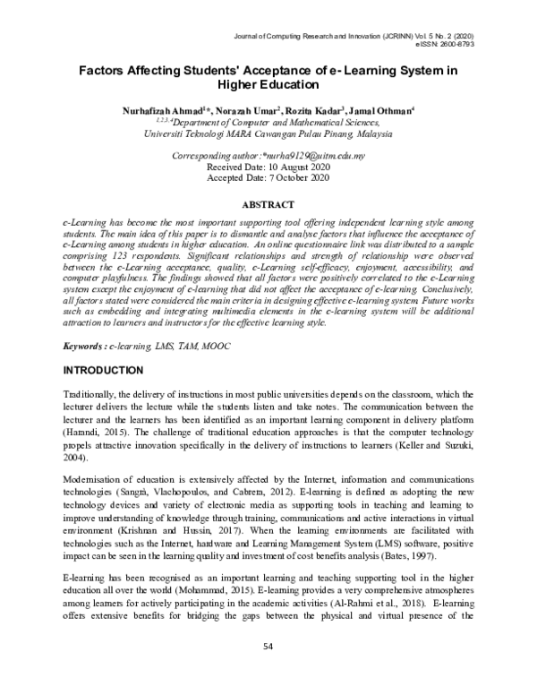 (PDF) Factors affecting students' acceptance of e-learning system in higher education ...