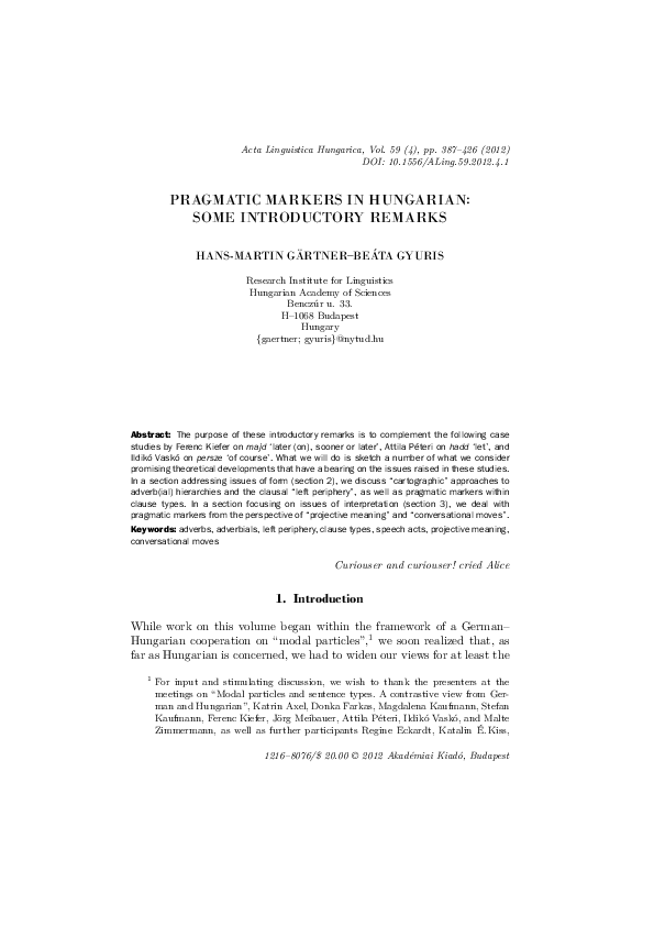 (PDF) Pragmatic markers in Hungarian: Some introductory remarks